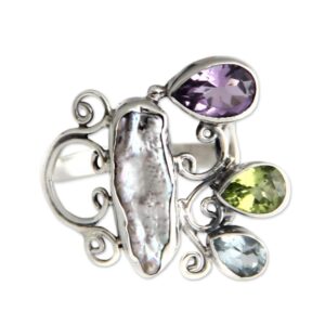 novica multi gem amethyst cultured biwa pearl .925 sterling silver ring, kuta exotica'