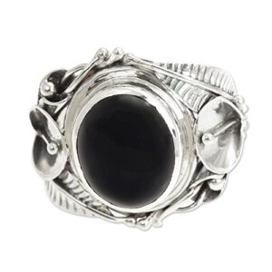 novica artisan handmade onyx flower ring women's floral sterling silver cocktail black indonesia birthstone [crownbezel 0.7 in h x 0.3 in w x 0.3 in d band width 0.1 in w] ' nest of lilies'