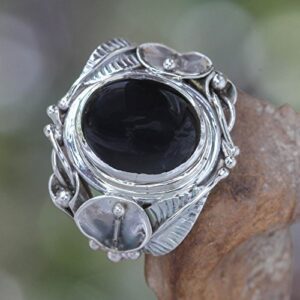 NOVICA Artisan Handmade Onyx Flower Ring Women's Floral Sterling Silver Cocktail Black Indonesia Birthstone [crownbezel 0.7 in H x 0.3 in W x 0.3 in D Band Width 0.1 in W] ' Nest of Lilies'