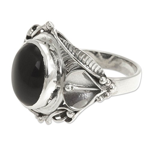 NOVICA Artisan Handmade Onyx Flower Ring Women's Floral Sterling Silver Cocktail Black Indonesia Birthstone [crownbezel 0.7 in H x 0.3 in W x 0.3 in D Band Width 0.1 in W] ' Nest of Lilies'