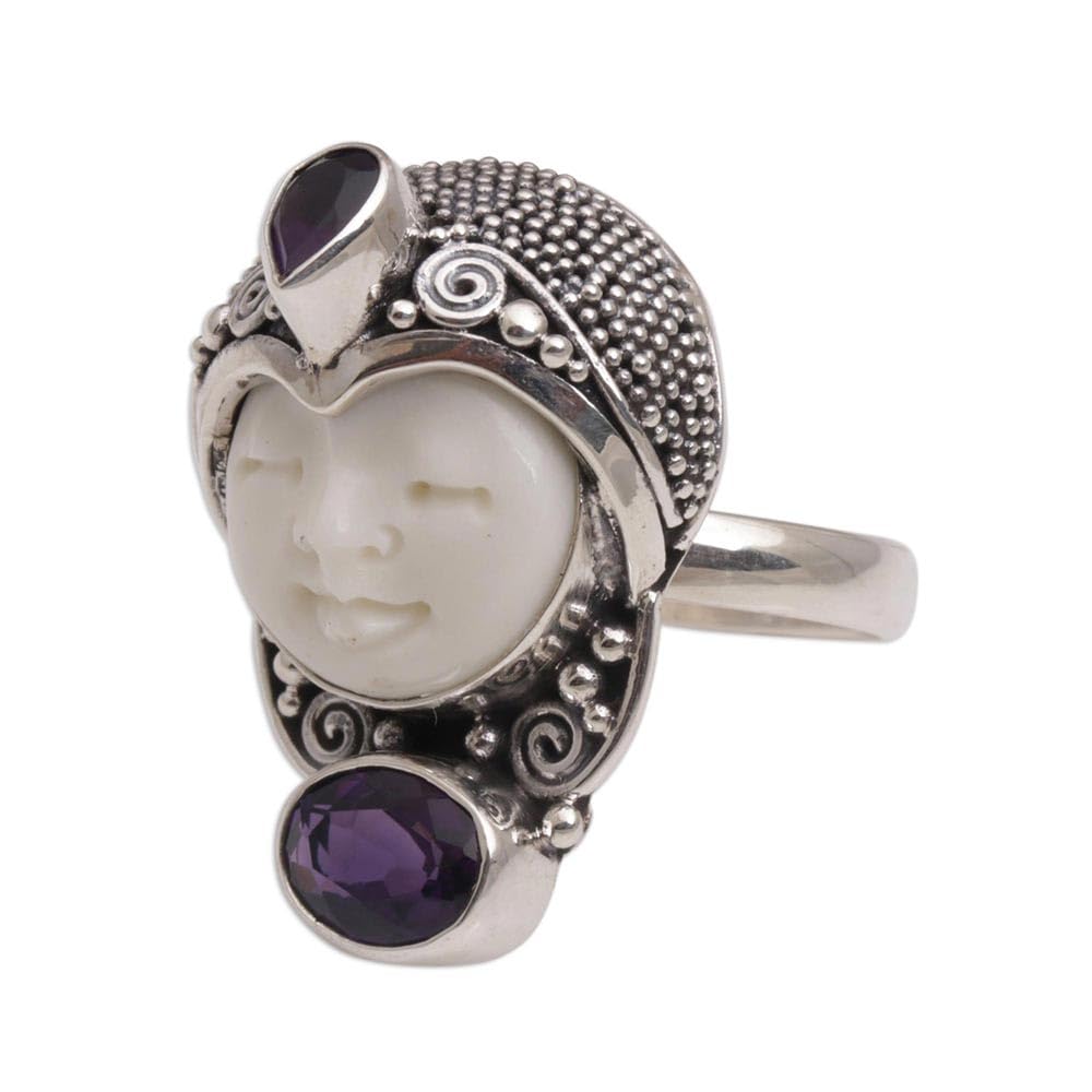 NOVICA Artisan Handmade Amethyst Cocktail Ring 925 Silver Face Shaped from Bali Bone Sterling Purple Indonesia Birthstone Balinese Traditional [crownbezel 1 in H x 0.7 in W x 0.4 in D Band Width 4 Mm]