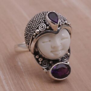 NOVICA Artisan Handmade Amethyst Cocktail Ring 925 Silver Face Shaped from Bali Bone Sterling Purple Indonesia Birthstone Balinese Traditional [crownbezel 1 in H x 0.7 in W x 0.4 in D Band Width 4 Mm]