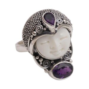 NOVICA Artisan Handmade Amethyst Cocktail Ring 925 Silver Face Shaped from Bali Bone Sterling Purple Indonesia Birthstone Balinese Traditional [crownbezel 1 in H x 0.7 in W x 0.4 in D Band Width 4 Mm]