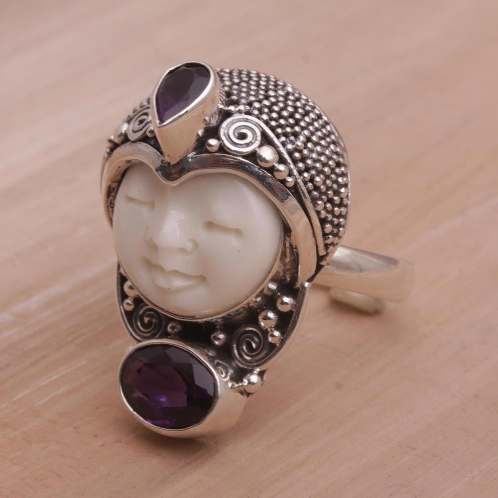 NOVICA Artisan Handmade Amethyst Cocktail Ring 925 Silver Face Shaped from Bali Bone Sterling Purple Indonesia Birthstone Balinese Traditional [crownbezel 1 in H x 0.7 in W x 0.4 in D Band Width 4 Mm]