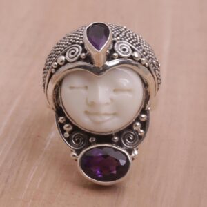 NOVICA Artisan Handmade Amethyst Cocktail Ring 925 Silver Face Shaped from Bali Bone Sterling Purple Indonesia Birthstone Balinese Traditional [crownbezel 1 in H x 0.7 in W x 0.4 in D Band Width 4 Mm]