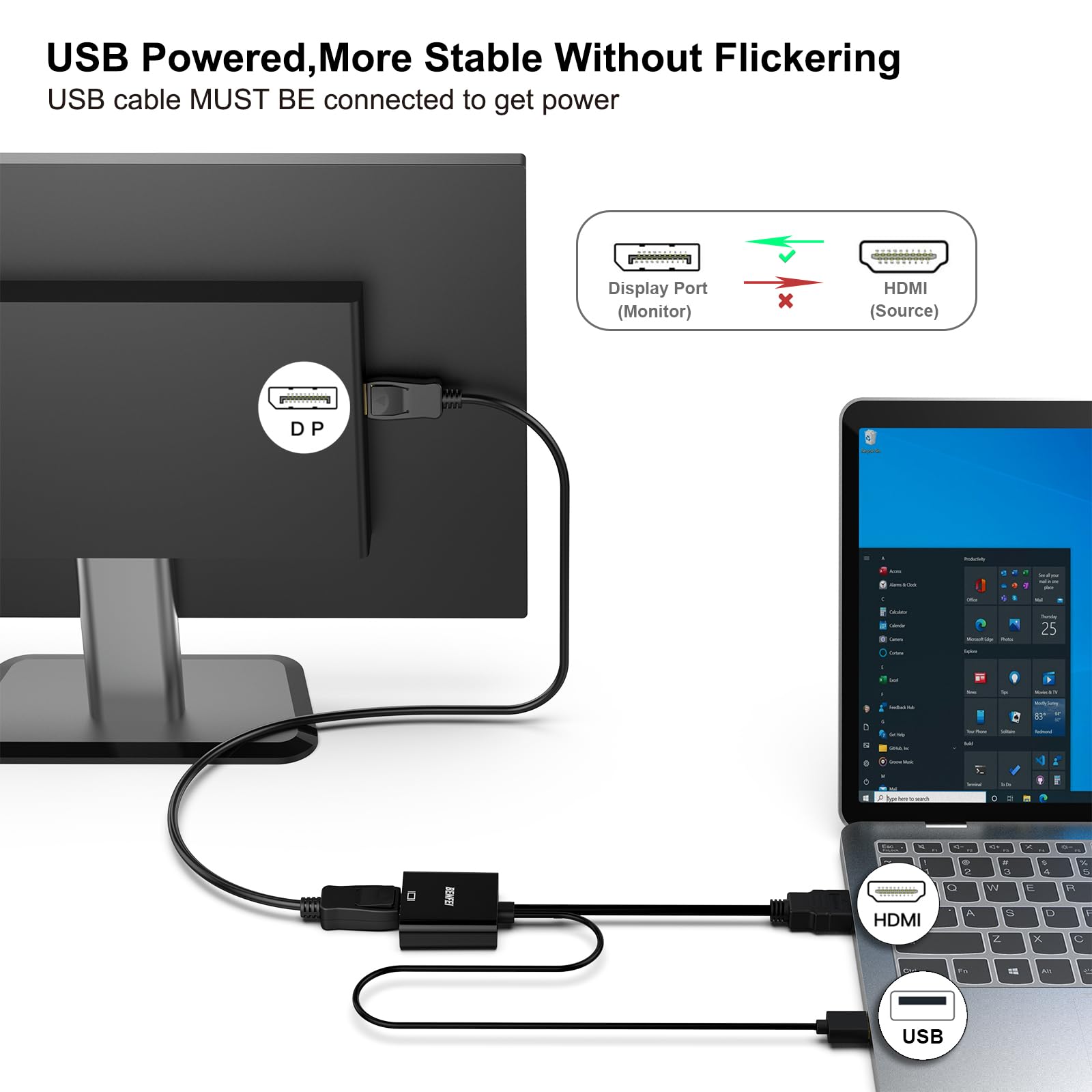 BENFEI HDMI to DisplayPort, Uni-Directional HDMI (Source) to DisplayPort (Display) Adapter 4K@60Hz/2K@144Hz/1080P@165Hz Compatible with Laptop, Xbox 360 One, PS4 PS3 Device