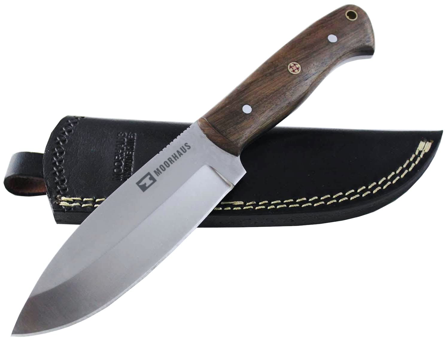 Moorhaus Handmade Full Tang Hunting Fixed Blade Knife D2 Steel - Wood Handle - Great for Camping/Hunting/Skinning/Survival/Bushcraft - includes Leather Sheath