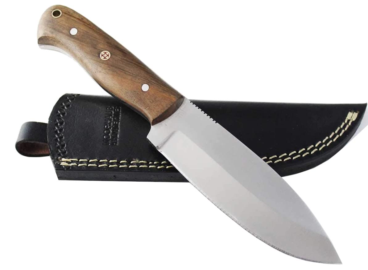 Moorhaus Handmade Full Tang Hunting Fixed Blade Knife D2 Steel - Wood Handle - Great for Camping/Hunting/Skinning/Survival/Bushcraft - includes Leather Sheath