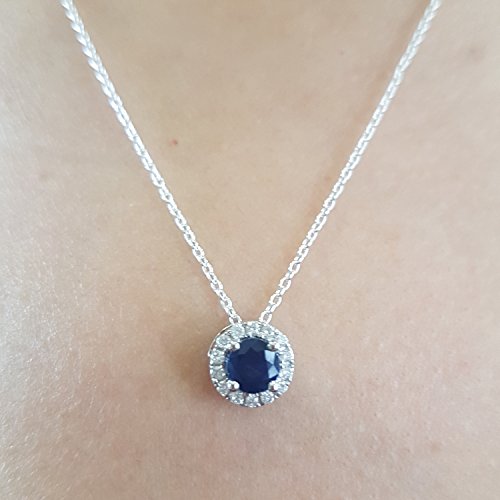 Dazzlingrock Collection 14K 7 MM Round Blue Sapphire & Diamond Women Halo Pendant with 18 inch Silver Chain in Yellow Gold