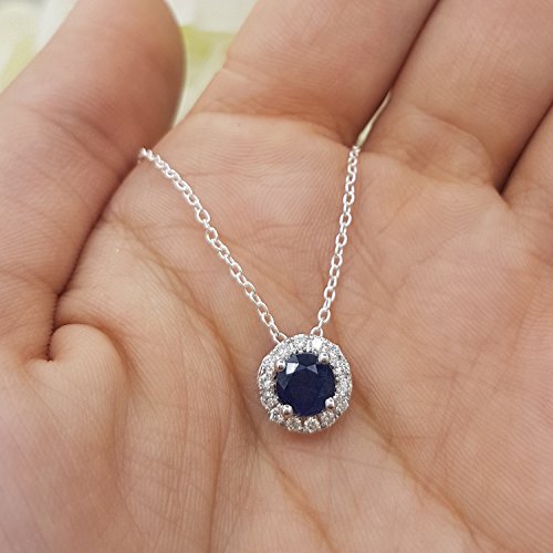 Dazzlingrock Collection 14K 7 MM Round Blue Sapphire & Diamond Women Halo Pendant with 18 inch Silver Chain in Yellow Gold