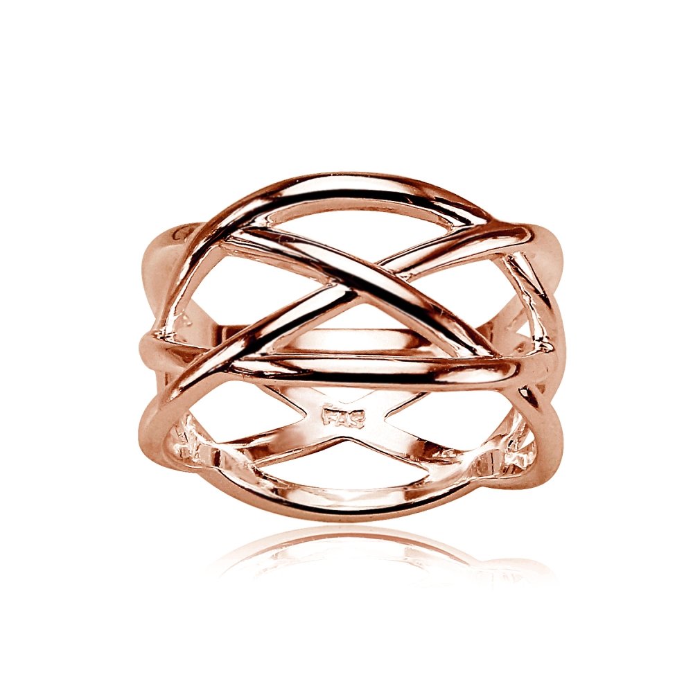 Hoops & Loops Rose Gold Flashed Sterling Silver Polished Criss Cross Double X Ring, Size 7