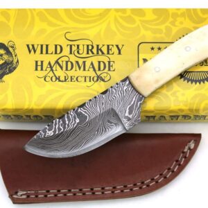 Wild Turkey Handmade Damascus Steel Collection Full Tang Bone Handle Fixed Blade Knife w/Leather Sheath Outdoors Hunting Camping Fishing (1)