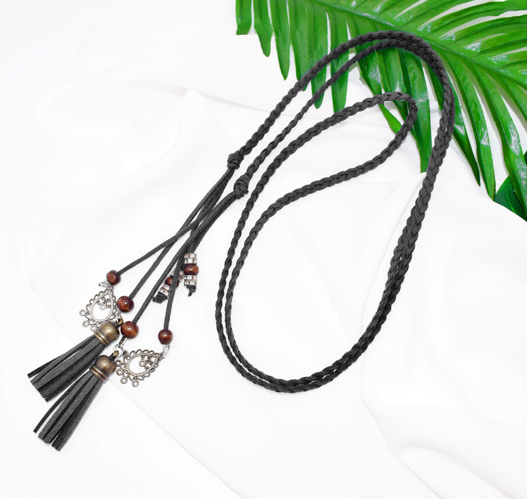 Exotic Women Black Waist Belt/ Rope/Chain Skinny Belt with Tassel and Beads for Ladies Skirt Dress in 8 Colors