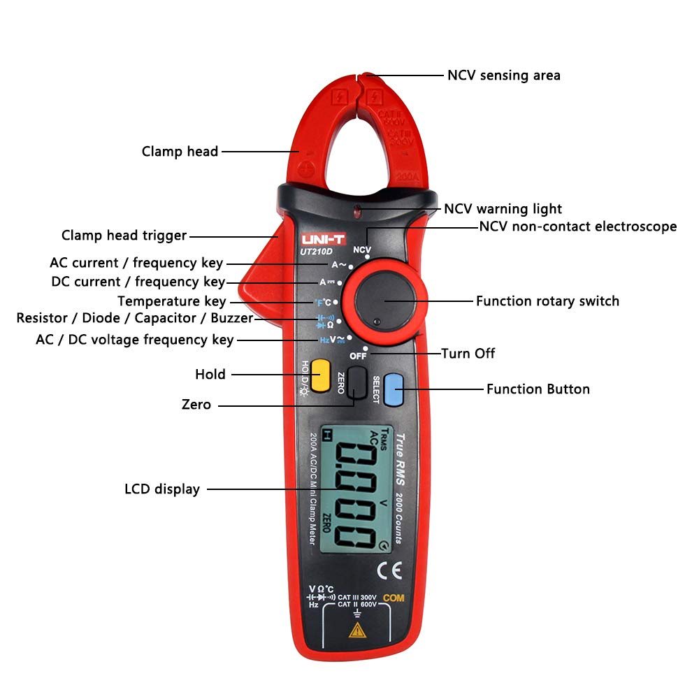 UNI-T UT210D Digital AC/DC Current Voltage Resistance Capacitance Clamp Meter