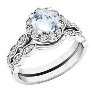 dazzlingrock collection 14k 5.5 mm cushion aquamarine & round diamond ladies halo engagement ring set, white gold, size 6.5