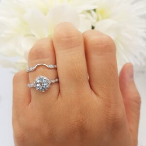 Dazzlingrock Collection 14K 5.5 MM Cushion Aquamarine & Round Diamond Ladies Halo Engagement Ring Set, White Gold, Size 6.5