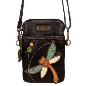 chala cell phone crossbody purse-women pu leather/canvas multicolor handbag with adjustable strap - dragonfly - black