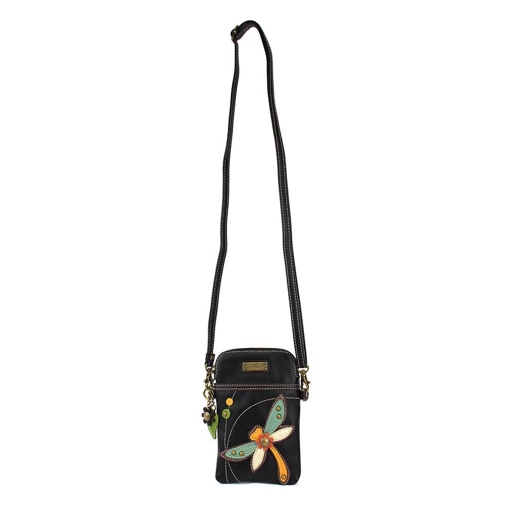 CHALA Cell Phone Crossbody Purse-Women PU Leather/Canvas Multicolor Handbag with Adjustable Strap - Dragonfly - black