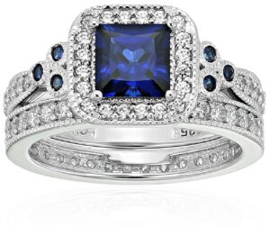 amazon collection platinum-plated sterling silver princess-cut created sapphire vintage ring set made with infinite elements cubic zirconia, size 8