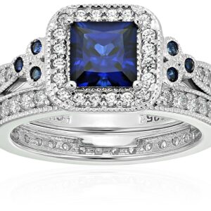 Amazon Collection Platinum-Plated Sterling Silver Princess-Cut Created Sapphire Vintage Ring Set made with Infinite Elements Cubic Zirconia, Size 8