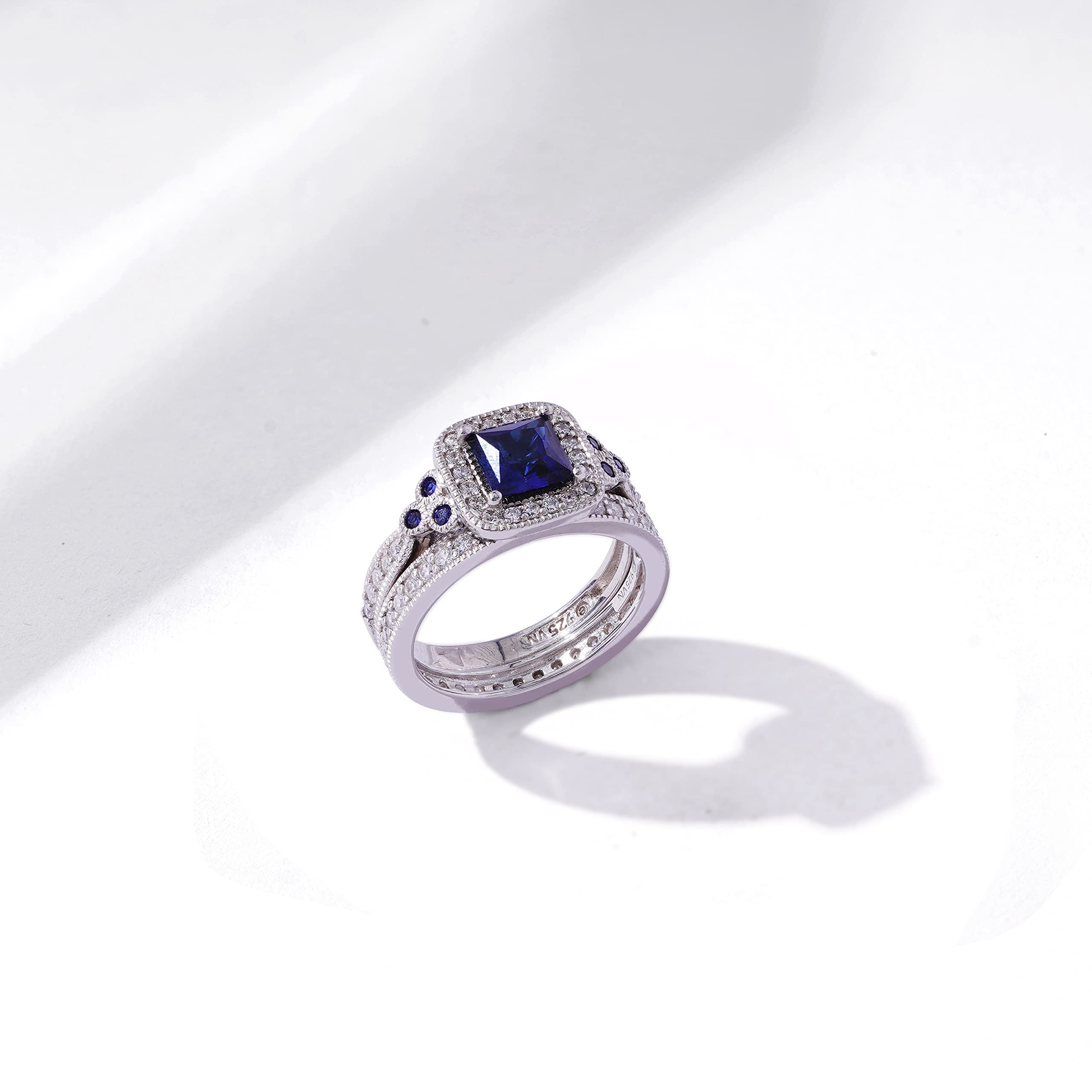 Amazon Collection Platinum-Plated Sterling Silver Princess-Cut Created Sapphire Vintage Ring Set made with Infinite Elements Cubic Zirconia, Size 8