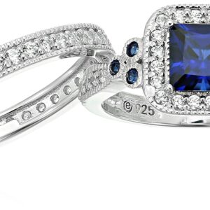 Amazon Collection Platinum-Plated Sterling Silver Princess-Cut Created Sapphire Vintage Ring Set made with Infinite Elements Cubic Zirconia, Size 8