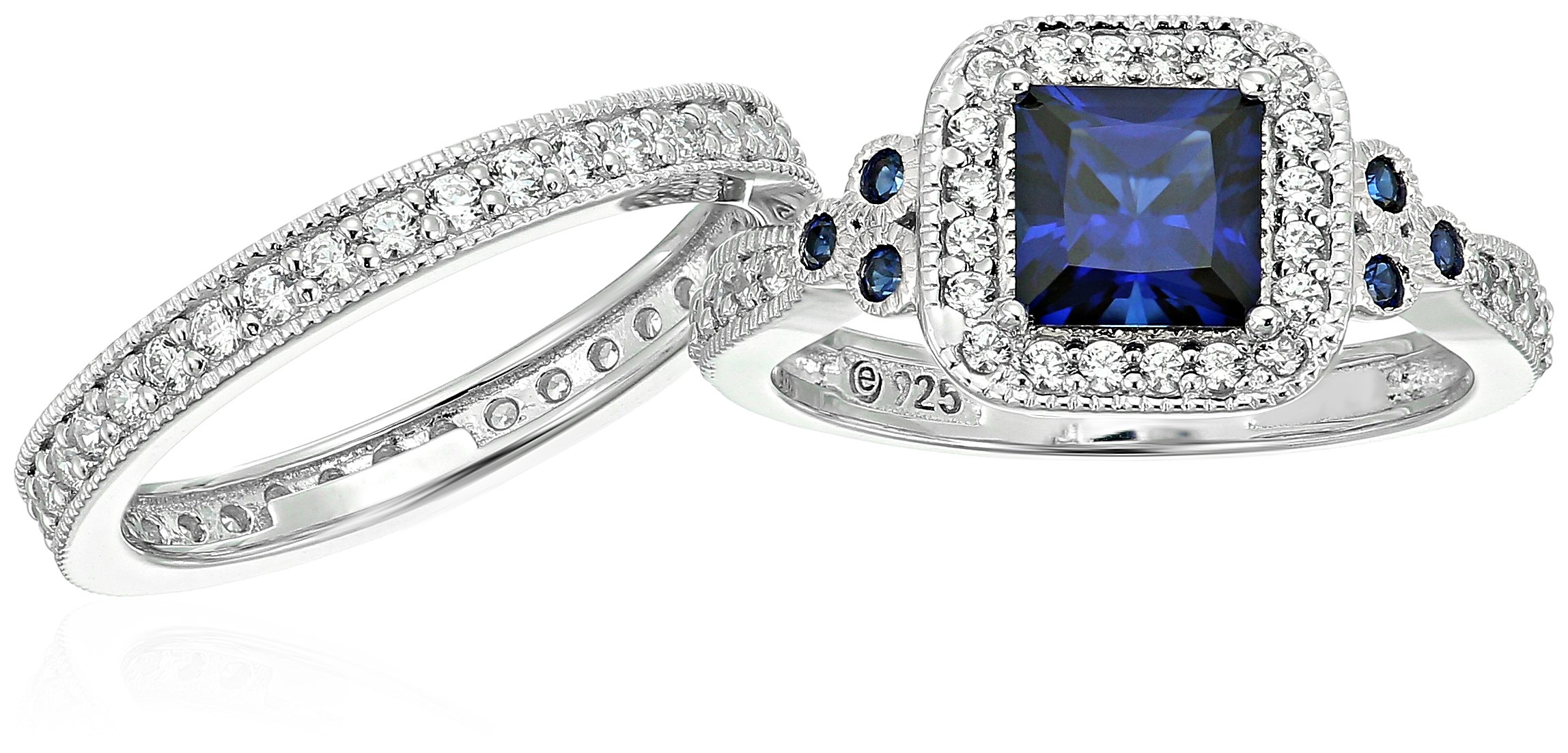 Amazon Collection Platinum-Plated Sterling Silver Princess-Cut Created Sapphire Vintage Ring Set made with Infinite Elements Cubic Zirconia, Size 8