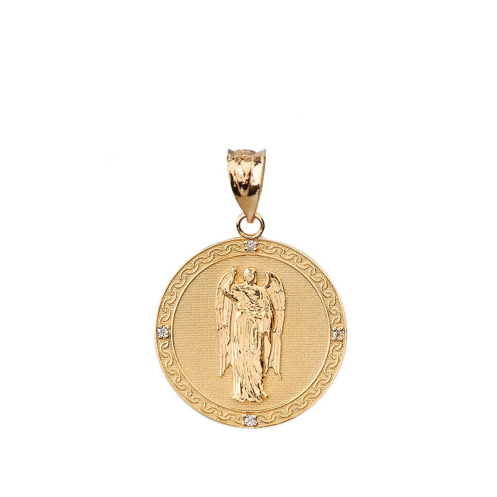 10k Yellow Gold Saint Gabriel The Archangel Diamond Medal Pendant (1")