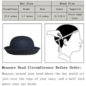 Lujuny Classic Wool Round Bowler Hats - Trendy Derby Fedora Bucket Caps with Roll-up Brim for Youth Petite (Black)