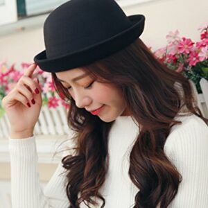 Lujuny Classic Wool Round Bowler Hats - Trendy Derby Fedora Bucket Caps with Roll-up Brim for Youth Petite (Black)