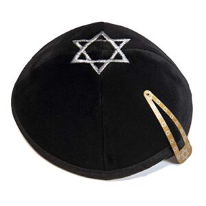 jl kippha's black velvet star of david embroided kippah yarmulke jewish kippa israel cap judaica w/clip