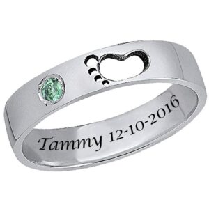 ouslier 925 sterling silver personalized birthstone baby footprint name ring custom made with name and date (silver)