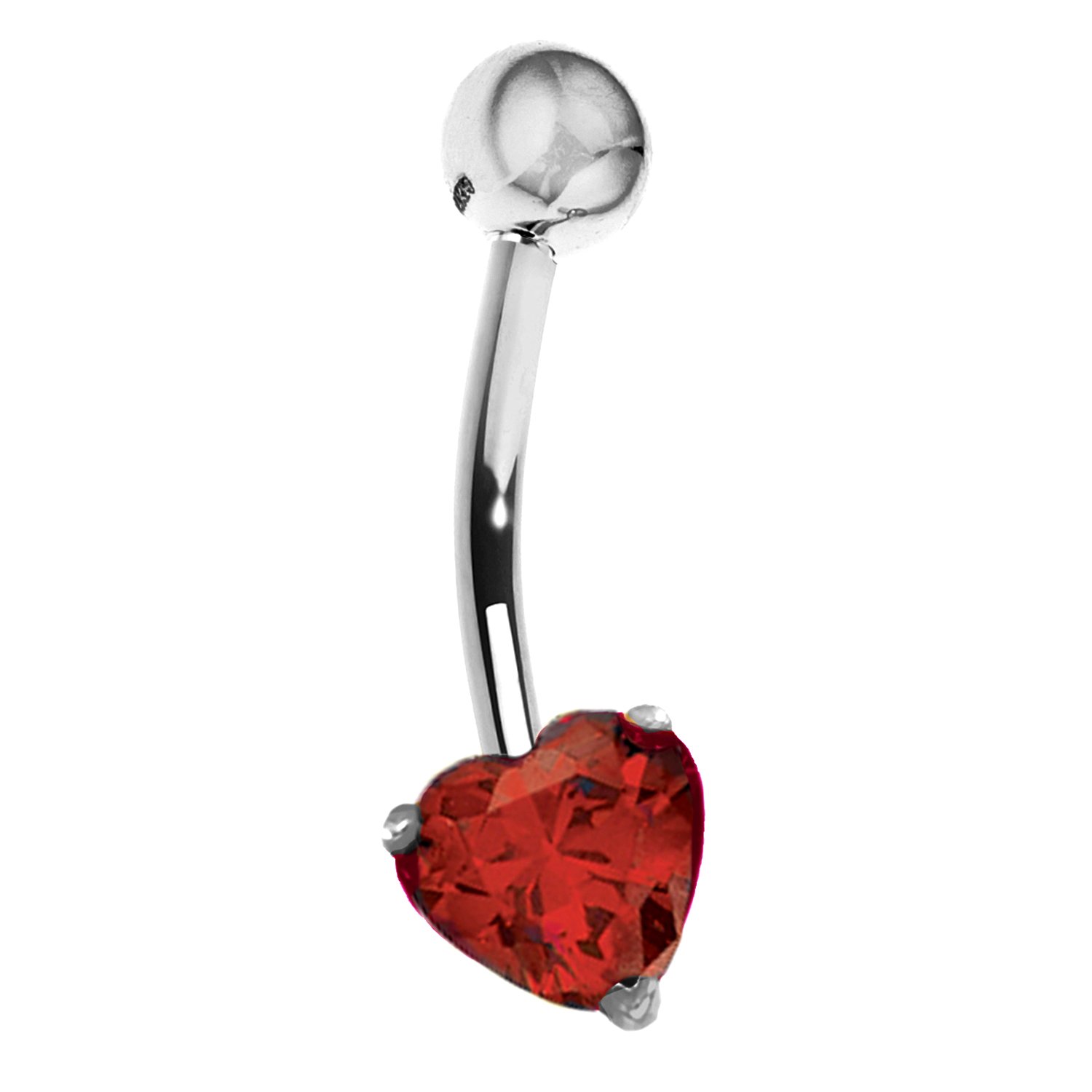 Ritastephens 14k Solid White Gold Genuine Garnet Heart Belly Button Navel Ring Body Art