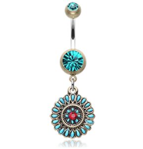 freedom fashion vintage boho sahasrara chakra 316l surgical steel belly button ring (sold individually) (14ga, 3/8", brass/teal/red)