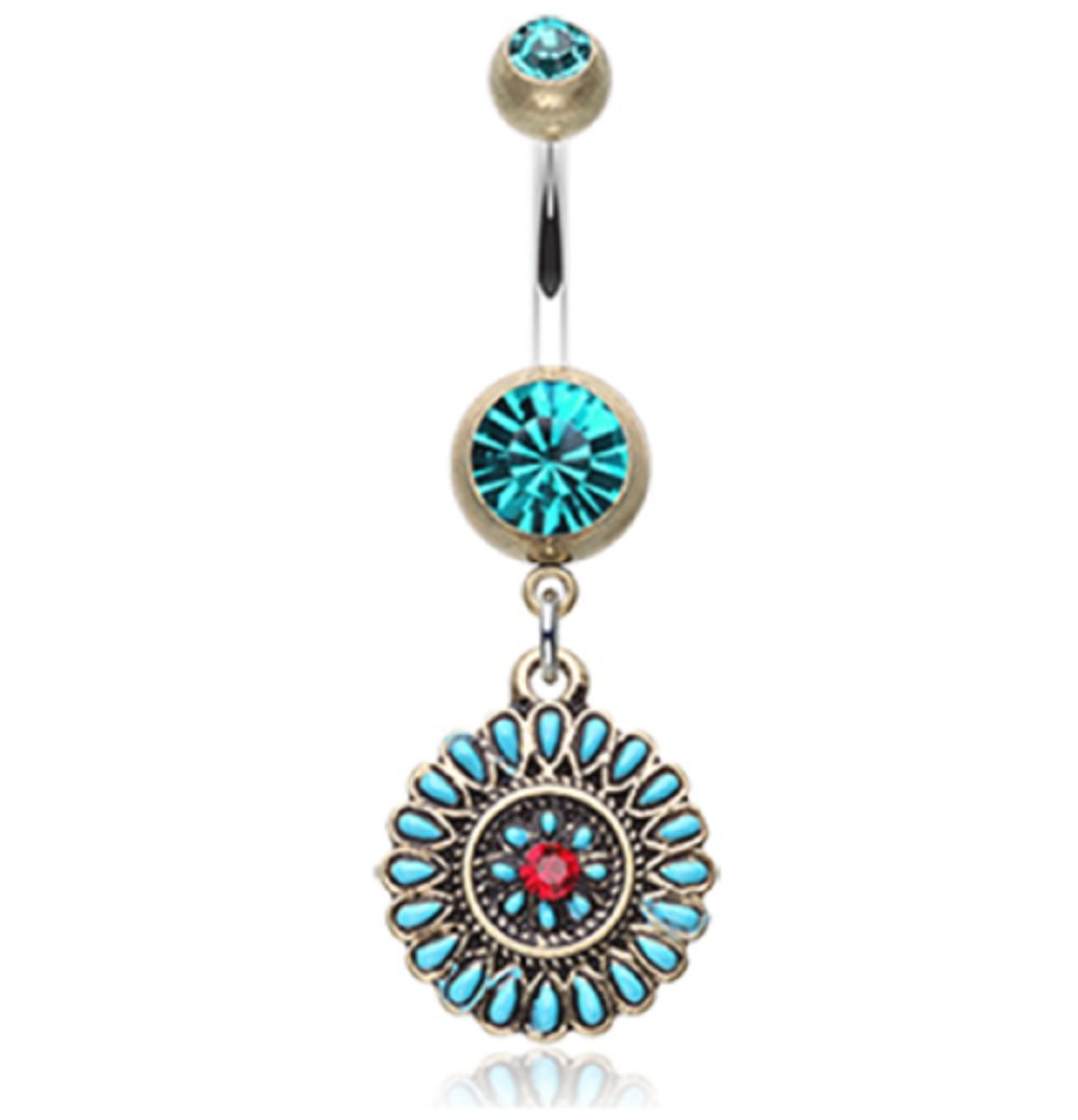 Freedom Fashion Vintage Boho Sahasrara Chakra 316L Surgical Steel Belly Button Ring (Sold Individually) (14GA, 3/8", Brass/Teal/Red)