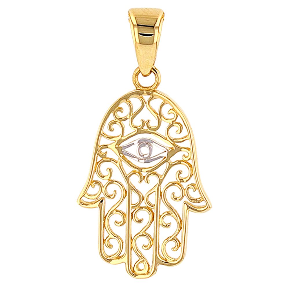 Jewelry America Solid 14K Gold Filigree Hamsa Hand of Fatima with Evil Eye Charm Pendant