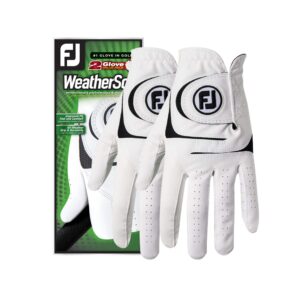 footjoy men's weathersof 2-pack golf glove white medium, worn on left hand