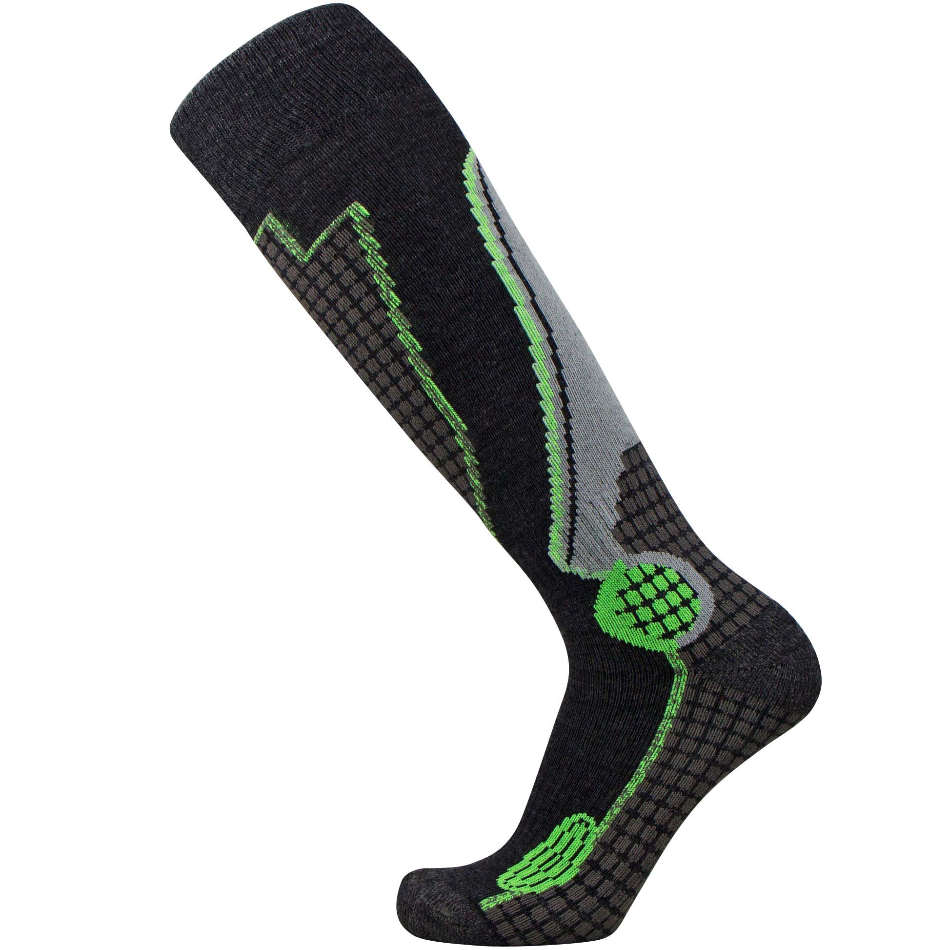 Pure Athlete High Performance Wool Ski Socks - Thermal Warm Merino Wool OTC Sock, Men Women (1 Pair - Black/Grey/Neon Green, Small)