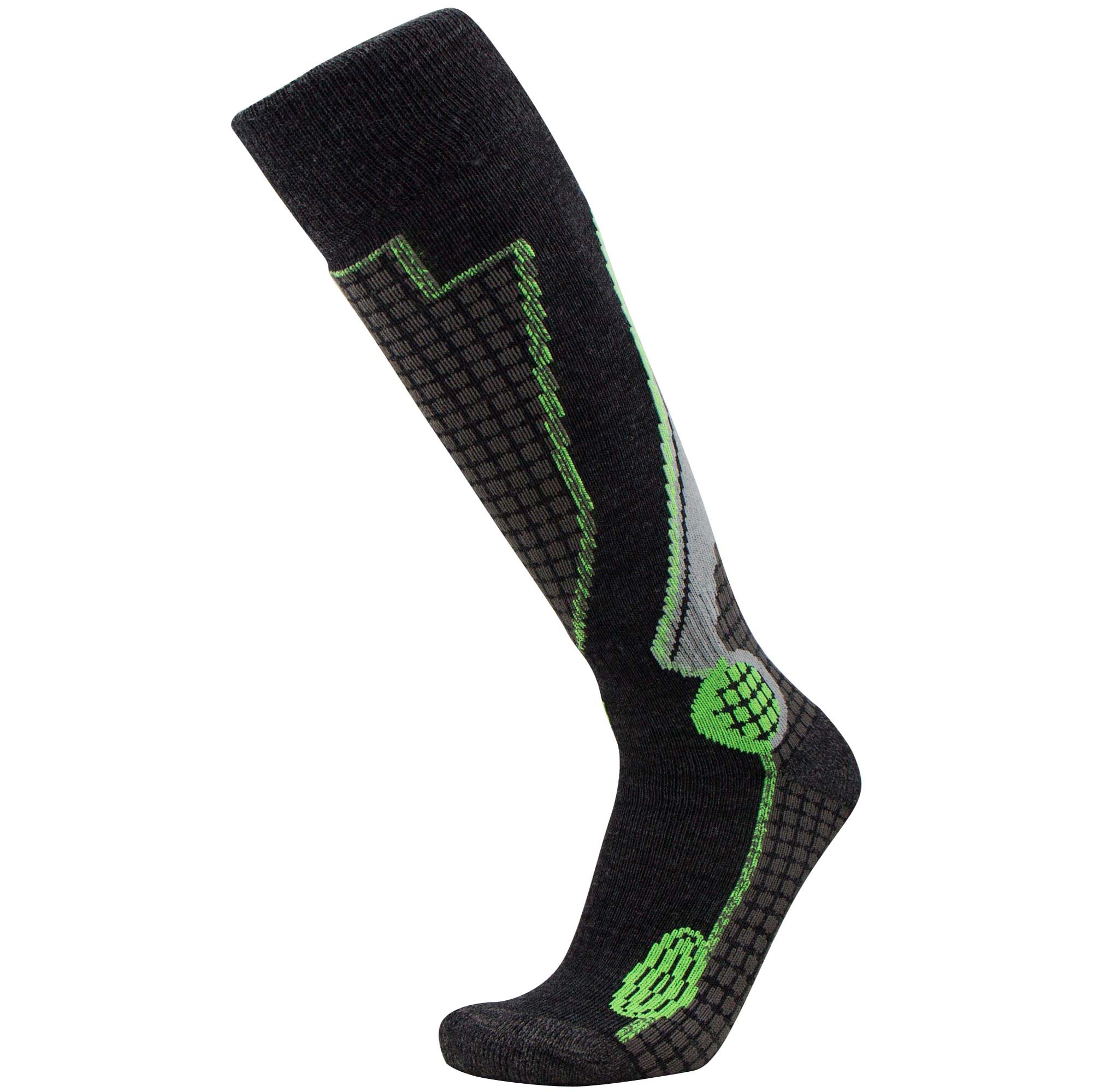 Pure Athlete High Performance Wool Ski Socks - Thermal Warm Merino Wool OTC Sock, Men Women (1 Pair - Black/Grey/Neon Green, Small)