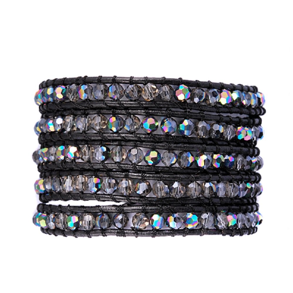 New! Genuine Leather Bracelet Multi Colors Beads Wrap Bracelet Nice Gift! (5 Wraps, facet AB rhinestone)