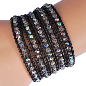 New! Genuine Leather Bracelet Multi Colors Beads Wrap Bracelet Nice Gift! (5 Wraps, facet AB rhinestone)