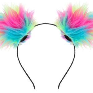 VOGUEKNOCK Ear Headband Rainbow Fluffy Ball Hair Loop Costume Pompom Ball Rabbit Ear Headband Fur Hair Jewelry (Rainbow)