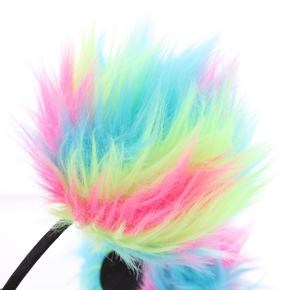 VOGUEKNOCK Ear Headband Rainbow Fluffy Ball Hair Loop Costume Pompom Ball Rabbit Ear Headband Fur Hair Jewelry (Rainbow)