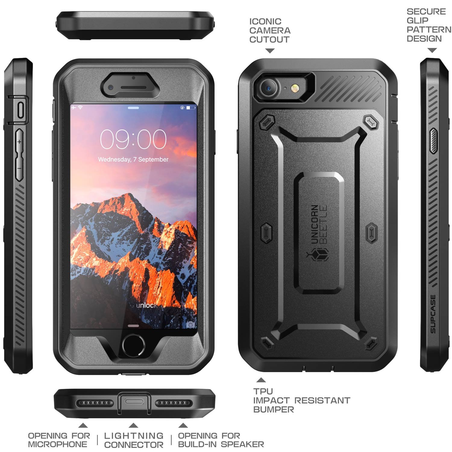 SUPCASE Unicorn Beetle Pro Series Case Designed for iPhone SE 3 (2022) / iPhone SE 2 (2020) / iPhone 7 / 8, Full-Body Rugged Holster Case with Built-In Screen Protector (Black)