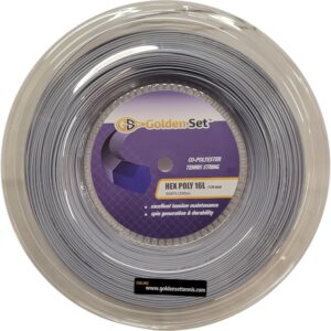 golden set hex poly 16l (1.28mm), reel (660ft/200m), polyester tennis string (silver)