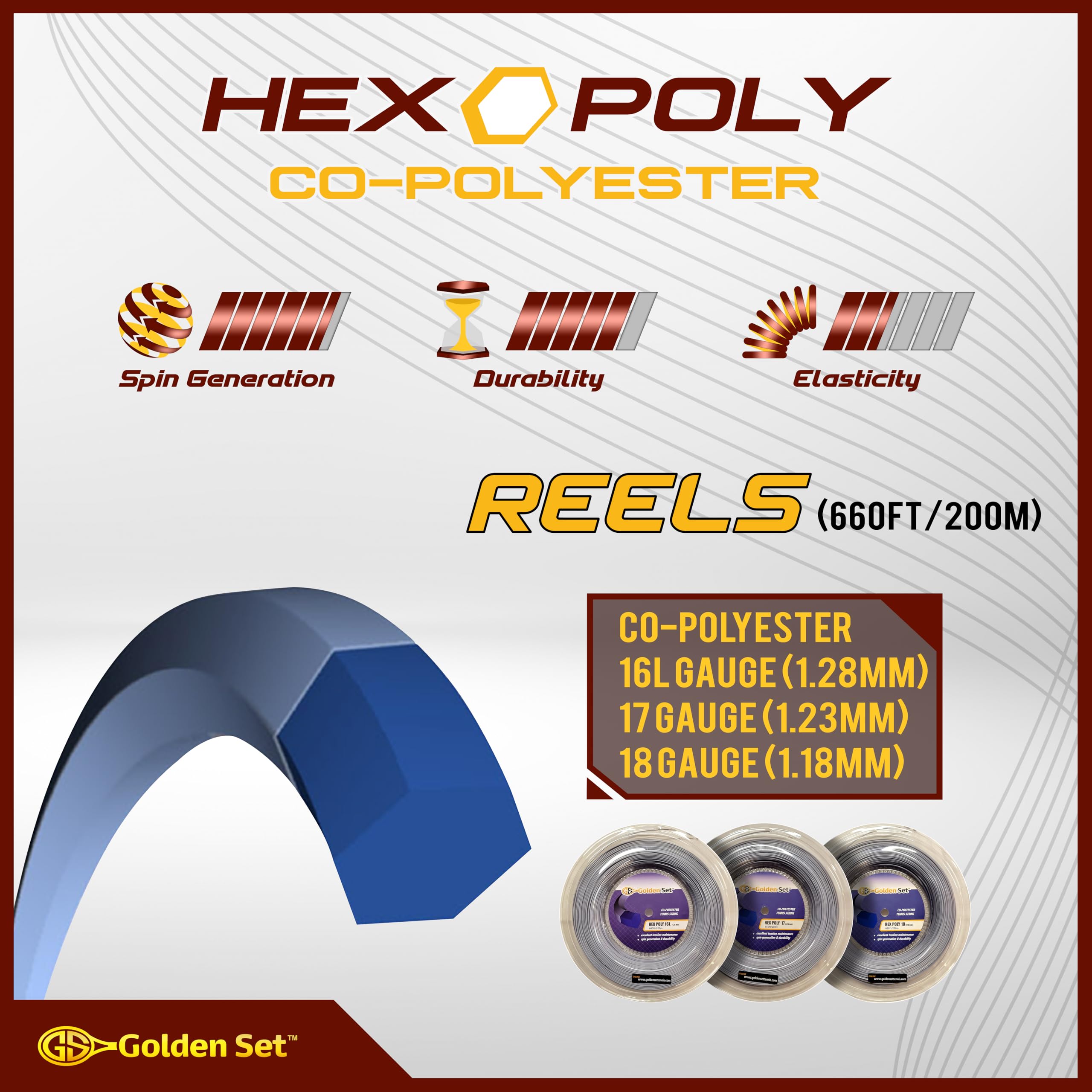 Golden Set Hex Poly 16L (1.28mm), Reel (660ft/200m), Polyester Tennis String (Silver)