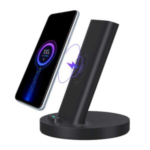 xiaomi mi 20w wireless charging stand, vertical design, new wireless charging experience, 20w max, universal fast charge, dual coils, charges through case, black