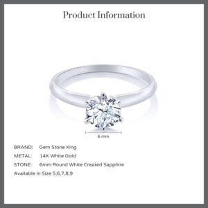 Gem Stone King 14K White Gold Hearts And Arrows White Created Sapphire Engagement Solitaire 6 Prong Ring For Women (1.20 Ctw, Round 6MM, Available In Size 5,6,7,8,9)