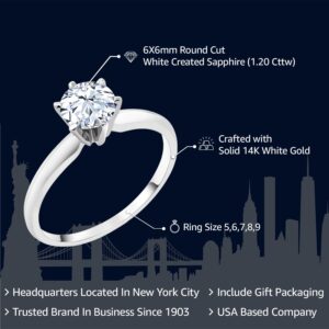 Gem Stone King 14K White Gold Hearts And Arrows White Created Sapphire Engagement Solitaire 6 Prong Ring For Women (1.20 Ctw, Round 6MM, Available In Size 5,6,7,8,9)