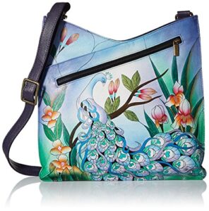 anna by anuschka women's genuine leather large v top multi-compartment cross body | hand painted original artwork | midnight peacock